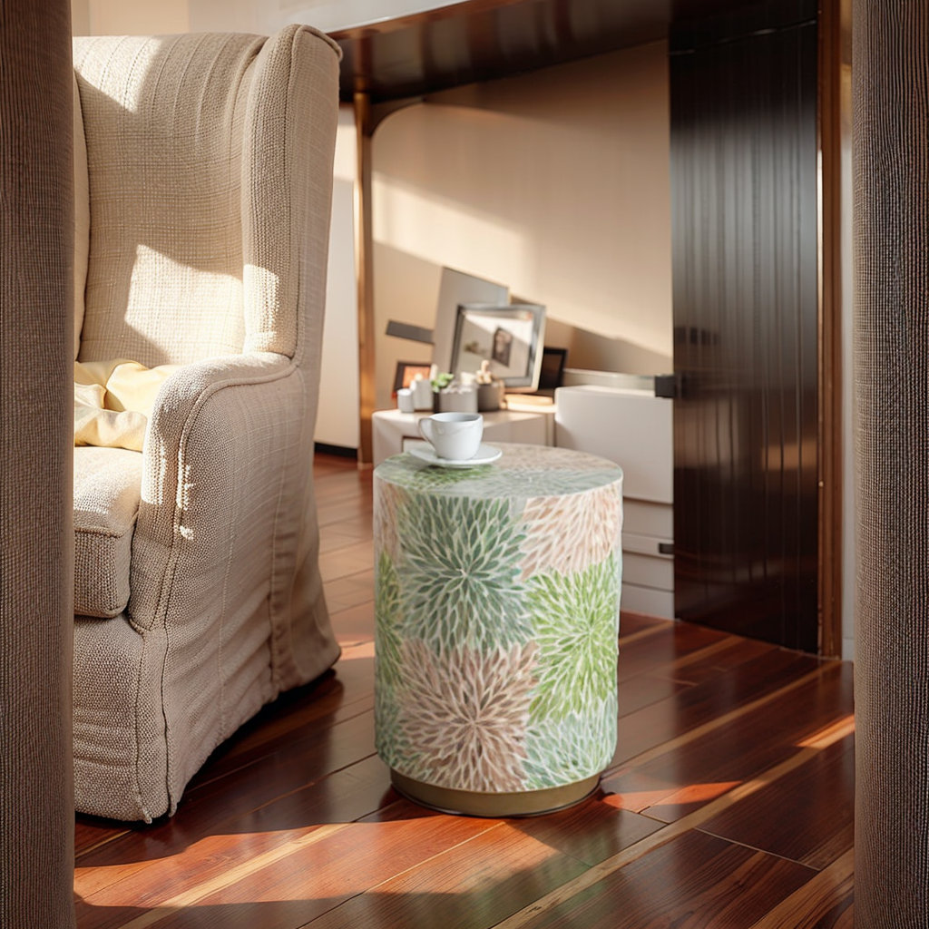 Winston Porter D14x18" Cylindrical Garden Capiz Stool, Accent Side Table, Green/Pink | Wayfair